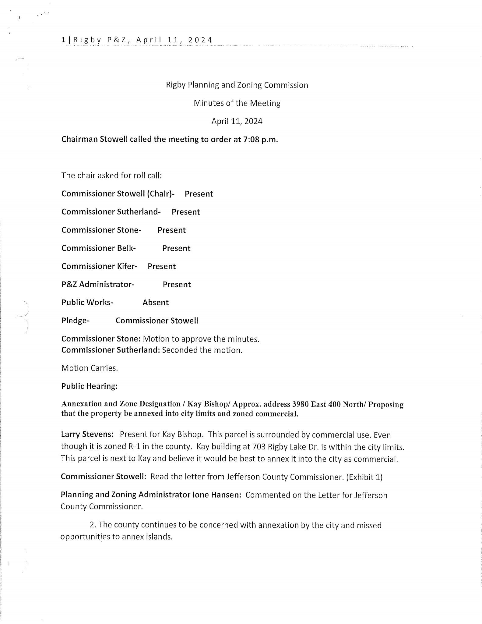 April 11, 2024 - Planning and Zoning Minutes - City of Rigby