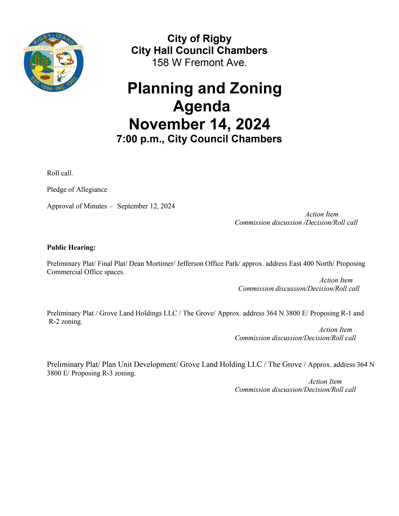 November 14, 2024 - Planning and Zoning Agendas - City of Rigby