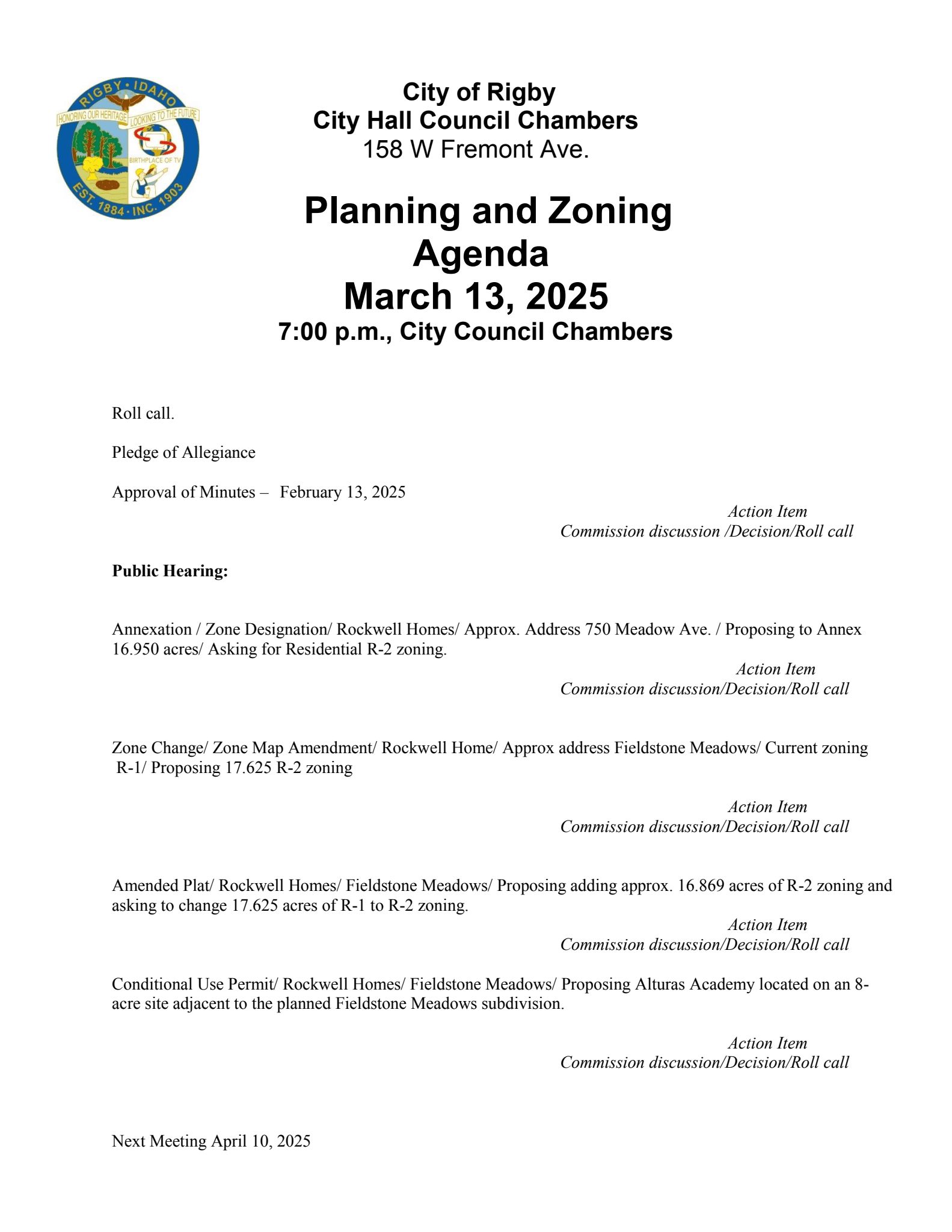 March 13, 2025 - Planning & Zoning Agendas - City of Rigby