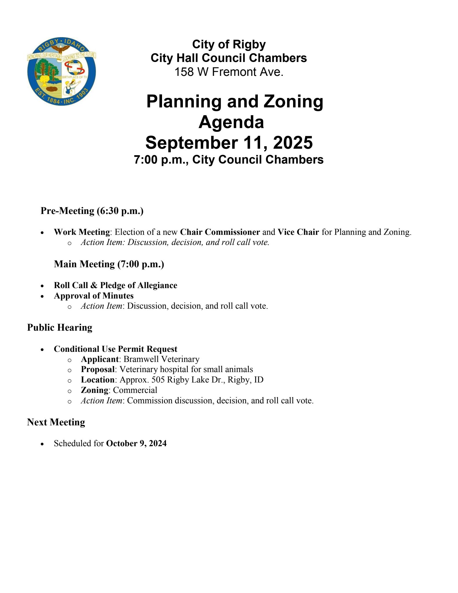September 11, 2025 - Planning and Zoning Agendas - City of Rigby