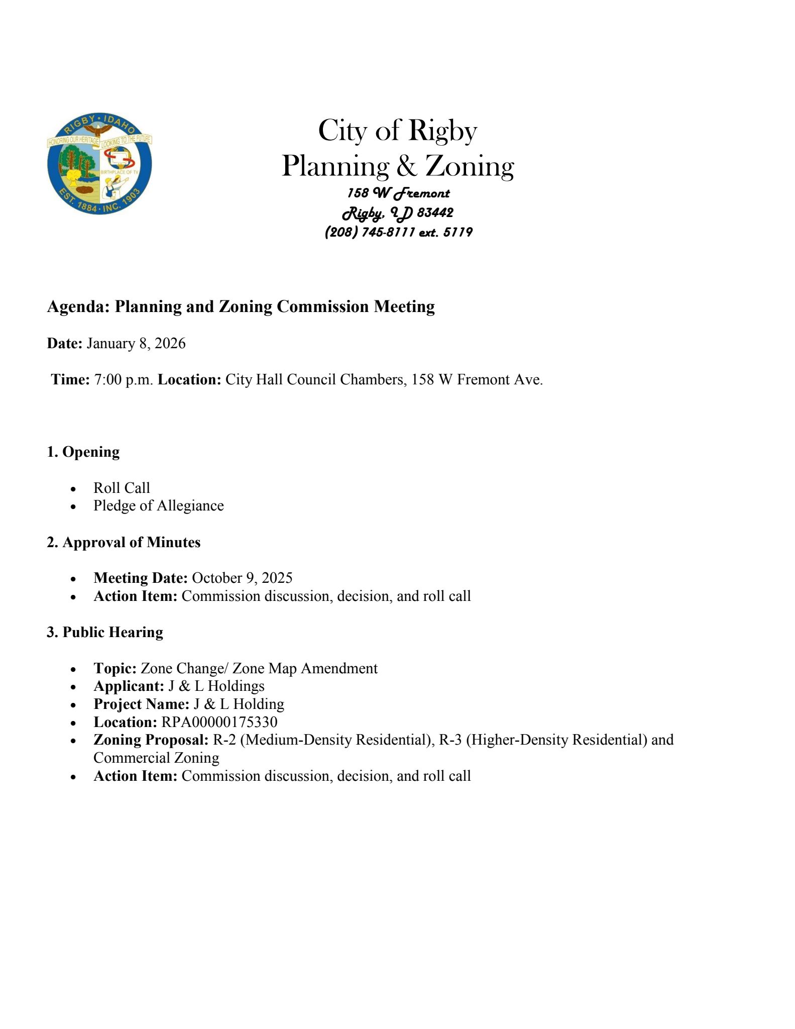 January 8, 2026 - Planning & Zoning Agendas - City of Rigby