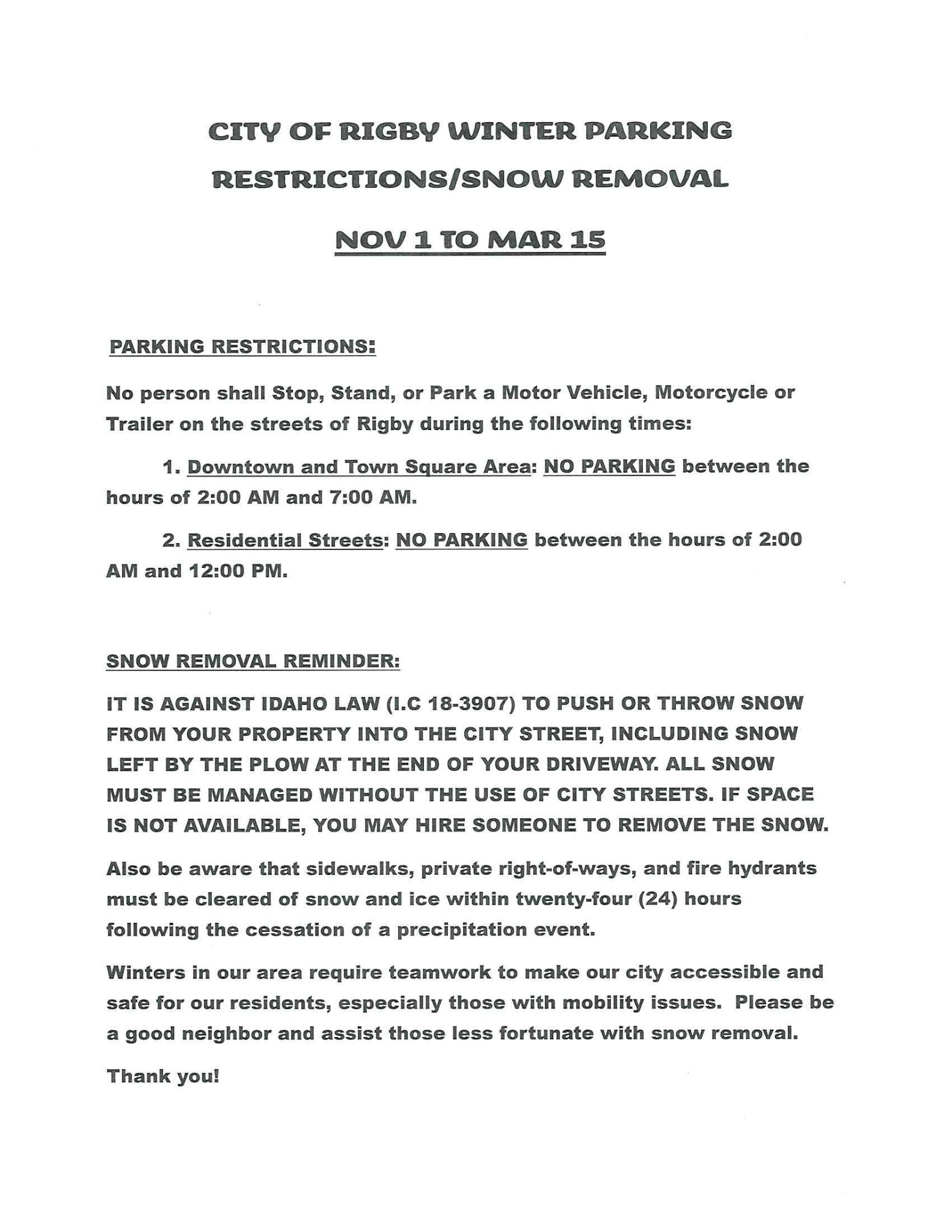 City of Rigby Winter Parking Restrictions / Snow Removal - City of Rigby